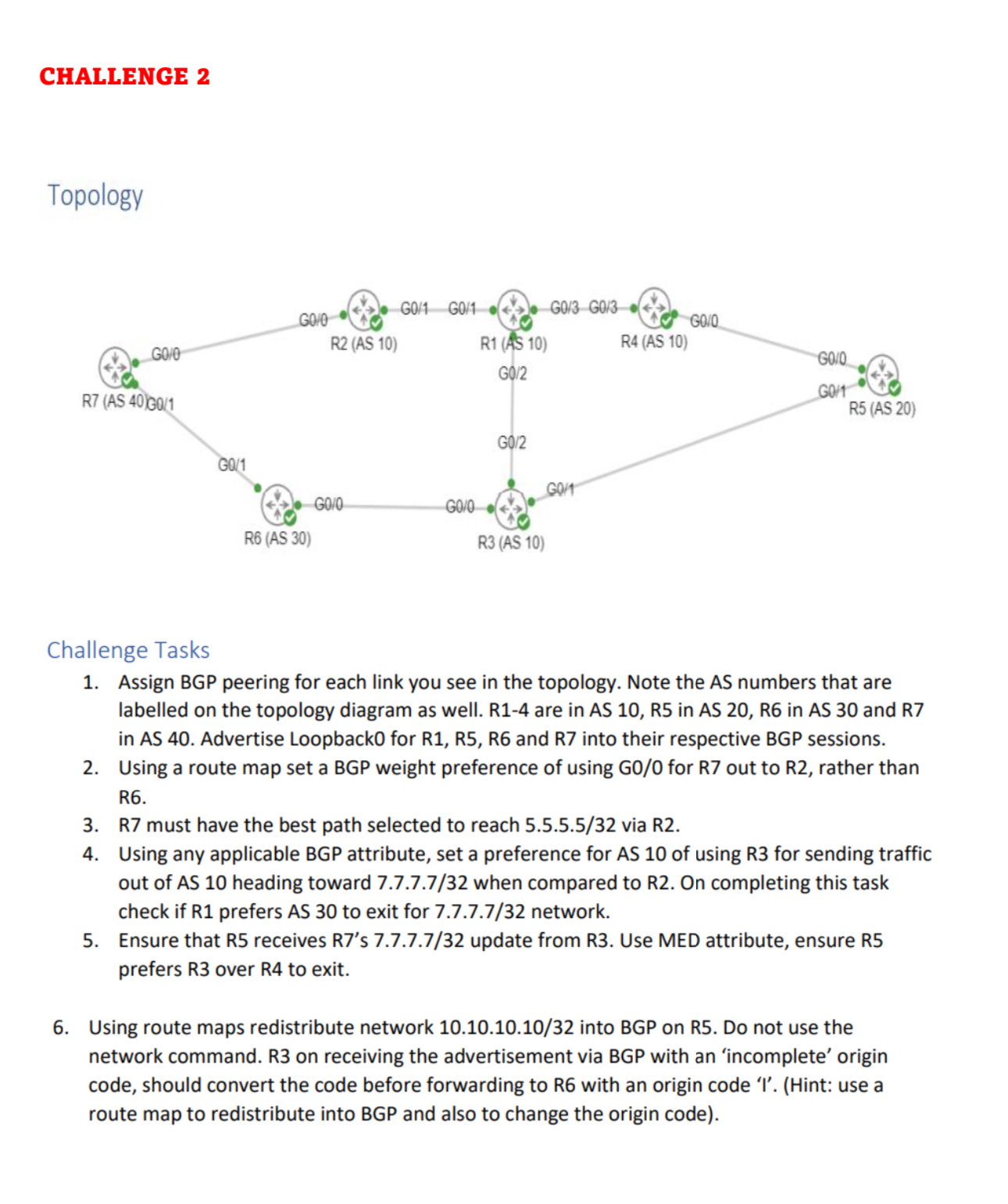 Solved CHALLENGE 2TopologyChallenge TasksAssign BGP peering | Chegg.com