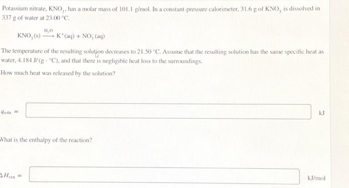 Solved Potassium nitrate, KNO3, has a molar mass of 101.1 | Chegg.com