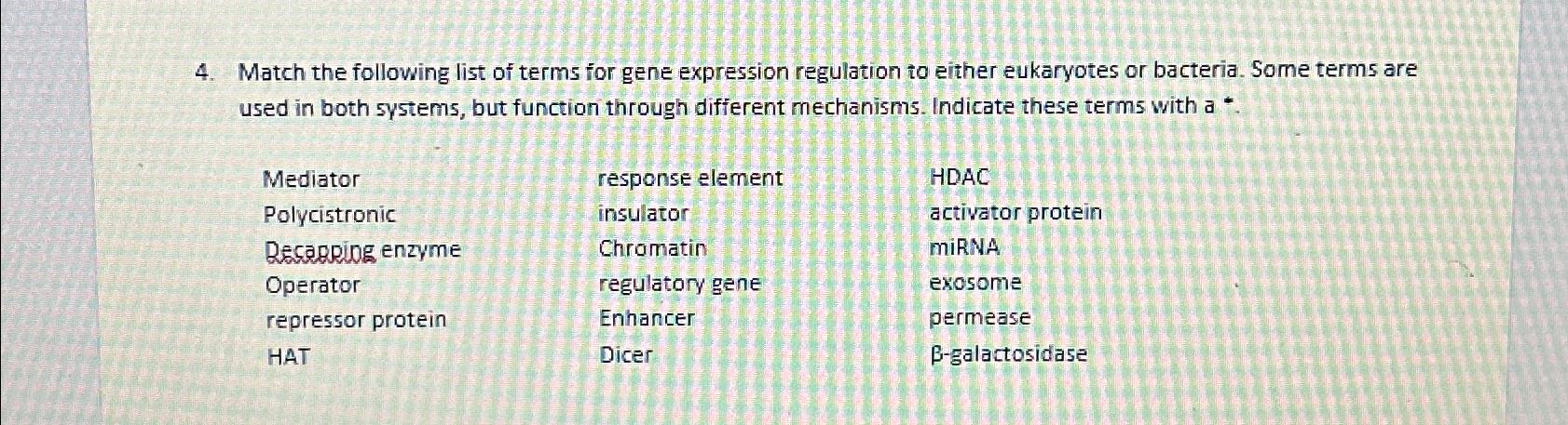 Solved Match the following list of terms for gene expression | Chegg.com