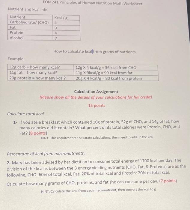 Solved FON 241 Principles of Human Nutrition Math Worksheet | Chegg.com