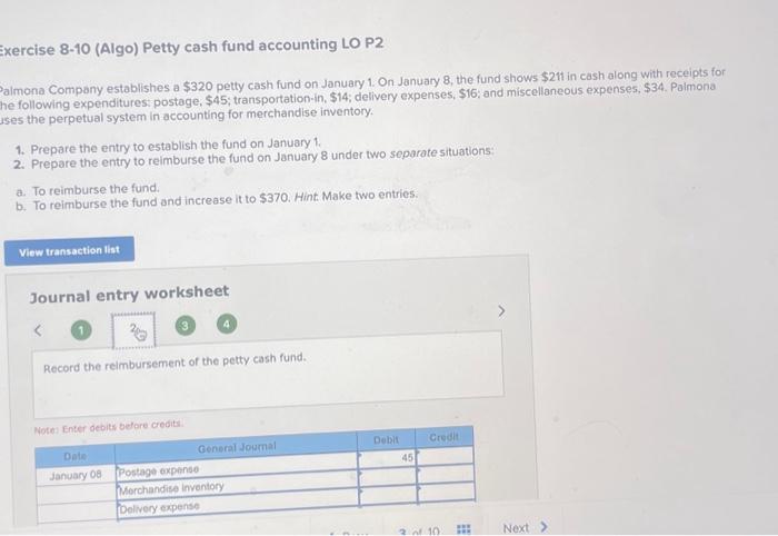 Solved xercise 8-10 (Algo) Petty cash fund accounting LO P2 | Chegg.com Solved xercise 8-10 (Algo) Petty cash fund accounting LO P2 | Chegg.com