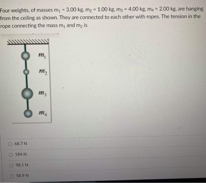 Solved Four weights, of masses m1 = 3.00 kg, m2 = 1.00 kg, | Chegg.com