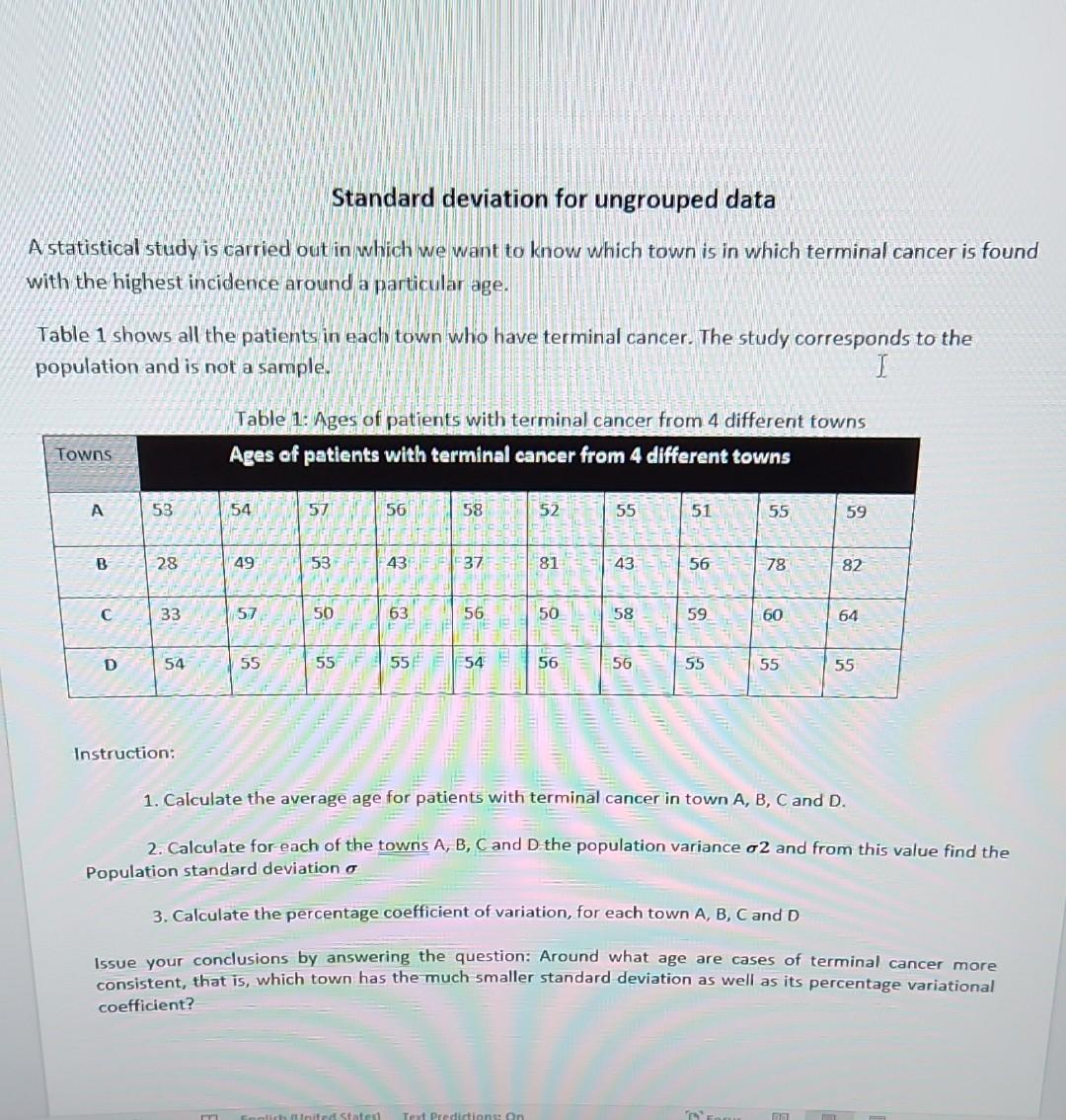 Solved Standard deviation for ungrouped data Astatistical | Chegg.com