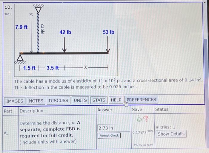 Solved The cable has a modulus of elasticity of 11×106psi | Chegg.com