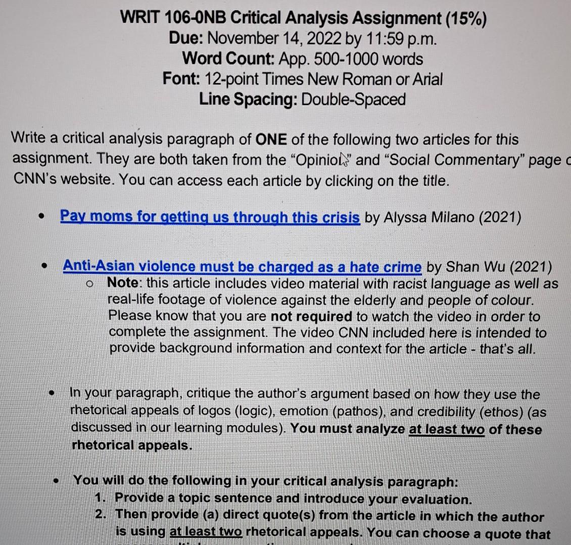 WRIT 106-0NB Critical Analysis Assignment (15\%) Due: | Chegg.com