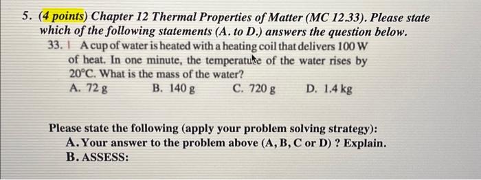 Solved 5. (4 points) Chapter 12 Thermal Properties of Matter | Chegg.com