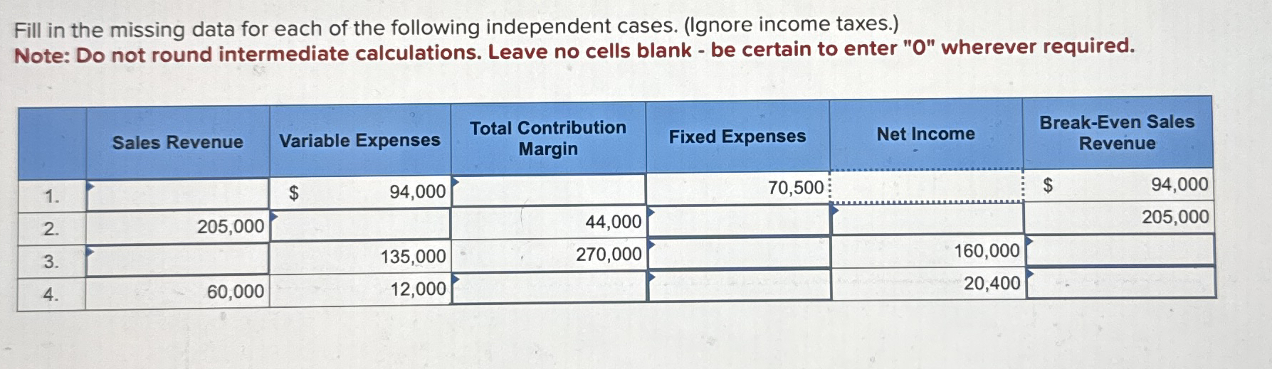 Solved Fill in the missing data for each of the following | Chegg.com