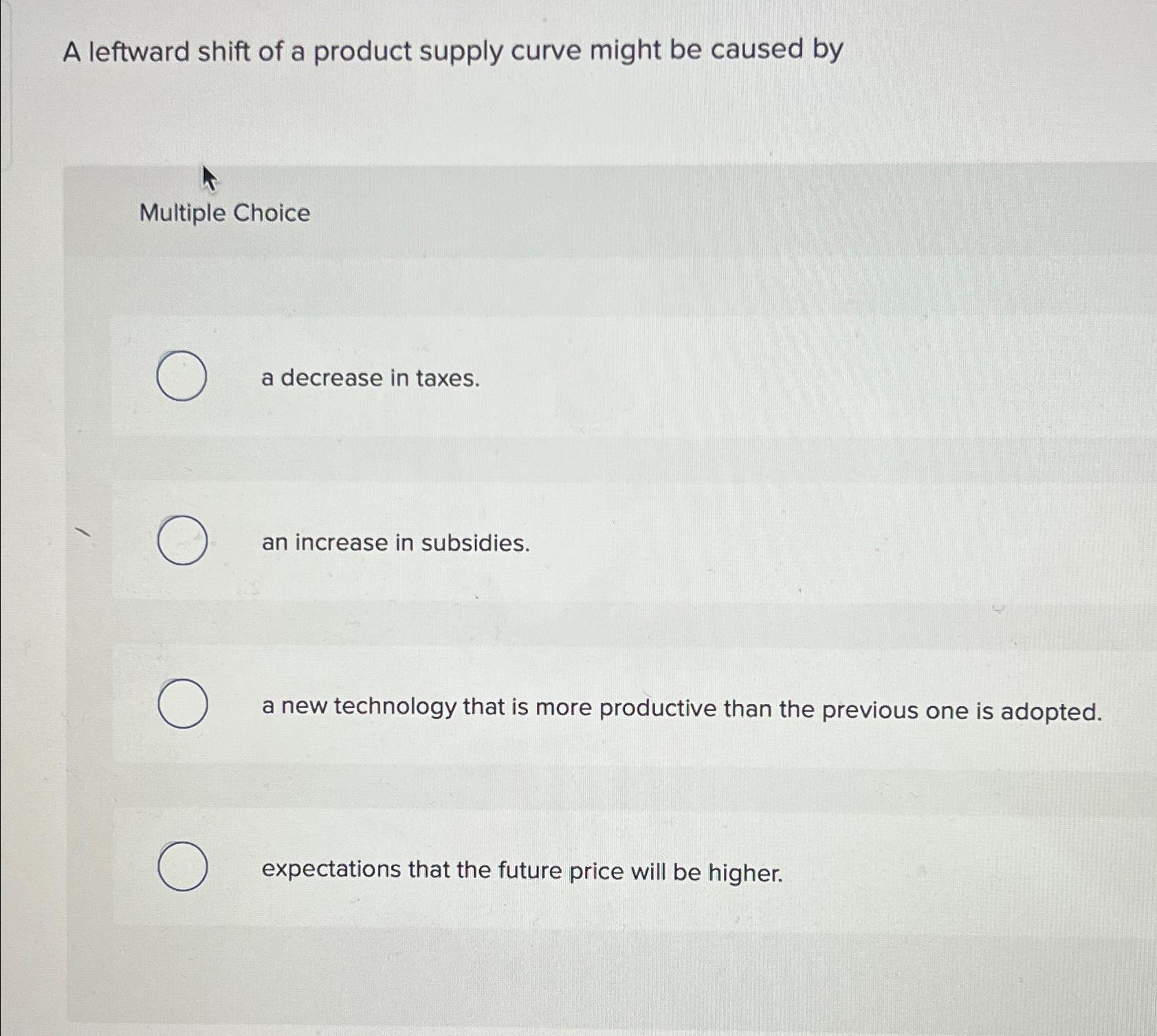 Solved A leftward shift of a product supply curve might be | Chegg.com