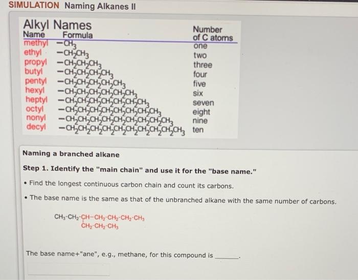 Solved SIMULATION Naming Alkanes II Alkyl Names Number Name | Chegg.com