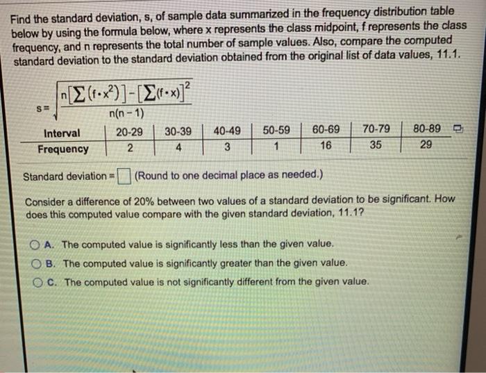 Solved Find the standard deviation, s, of sample data | Chegg.com