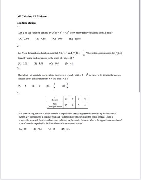 Solved AP Calculus AB Midterm Multiple choices 1. Let g be | Chegg.com