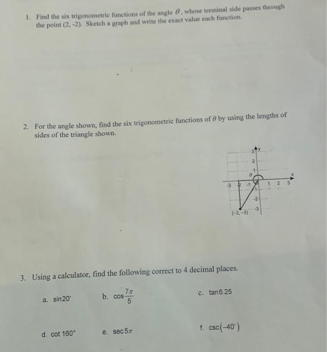 Solved 1. Find the six trigonometrie functions of the angle | Chegg.com