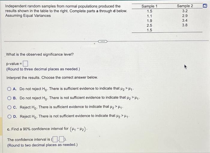 Solved Independent random samples from normal populations | Chegg.com