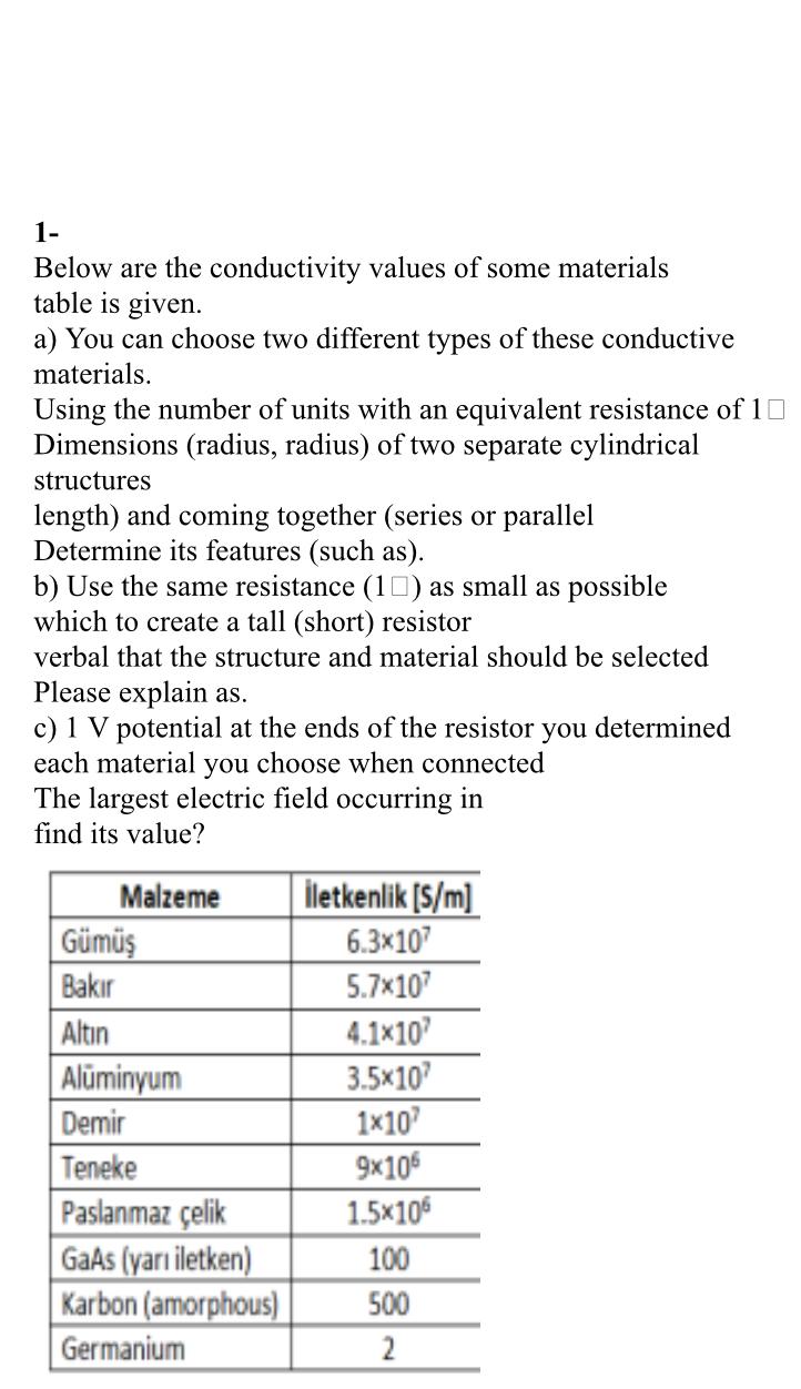Solved 1-Below are the conductivity values of some materials | Chegg.com