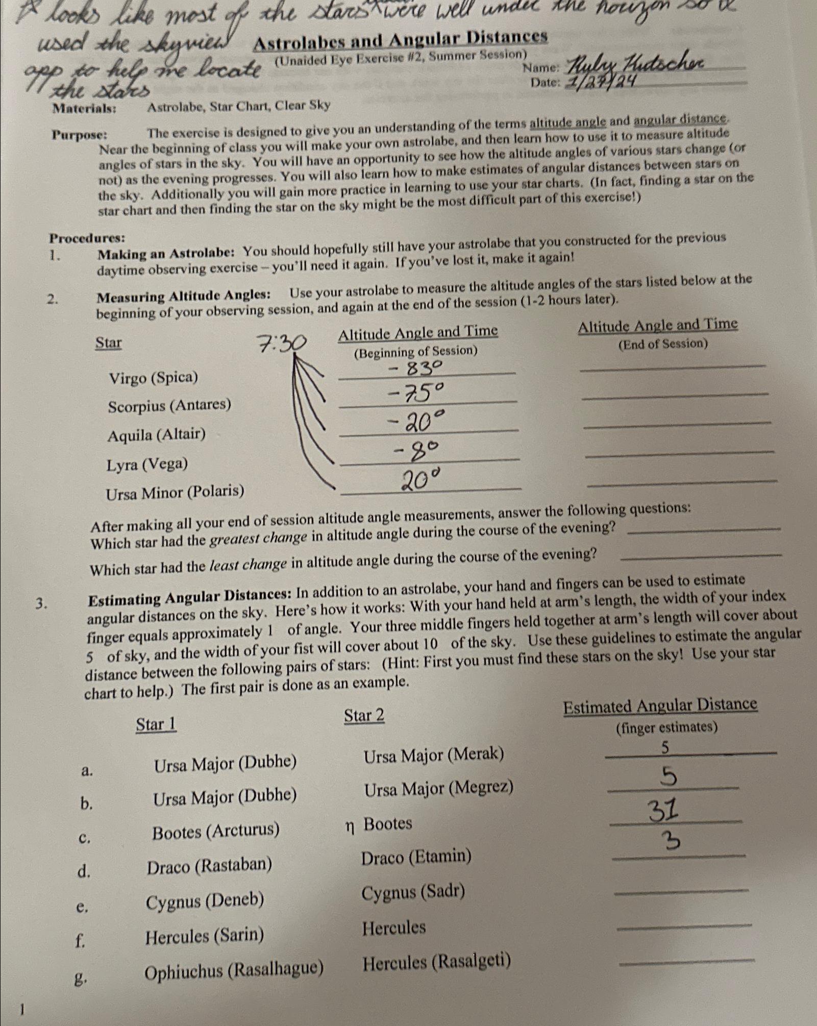 Solved used the skyvien Astrolabes and Angular Distancesapp | Chegg.com