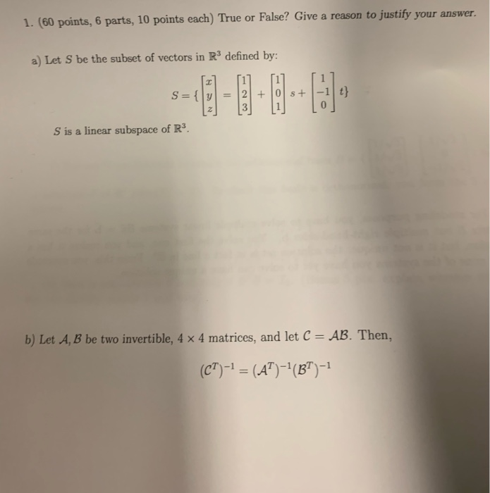 Solved 1. (60 points, 6 parts, 10 points each) True or | Chegg.com Solved 1. (60 points, 6 parts, 10 points each) True or | Chegg.com