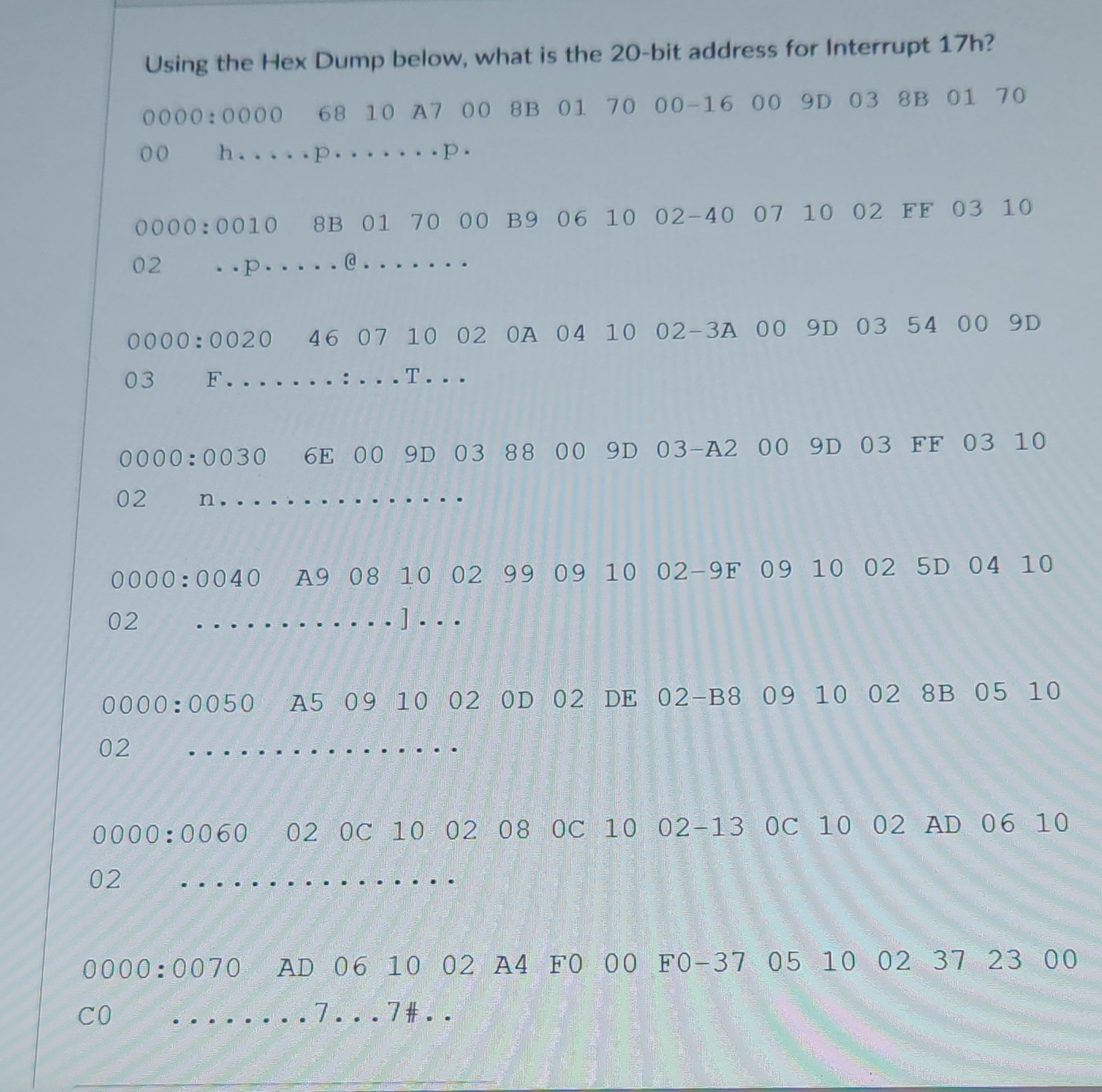 Solved Using the Hex Dump below, what is ﻿the 20-bit address | Chegg.com