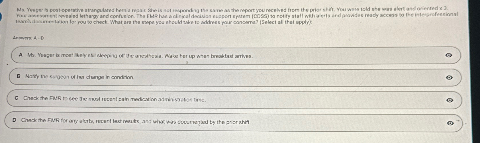 Solved Ms. ﻿Yeager is post-operative strangulated hernia | Chegg.com