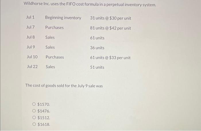 Solved Wildhorse Inc. uses the FIFO cost formula in a | Chegg.com