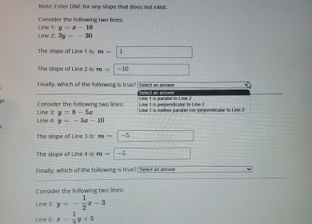 Solved Note: Enter DNE for any slope that does not | Chegg.com