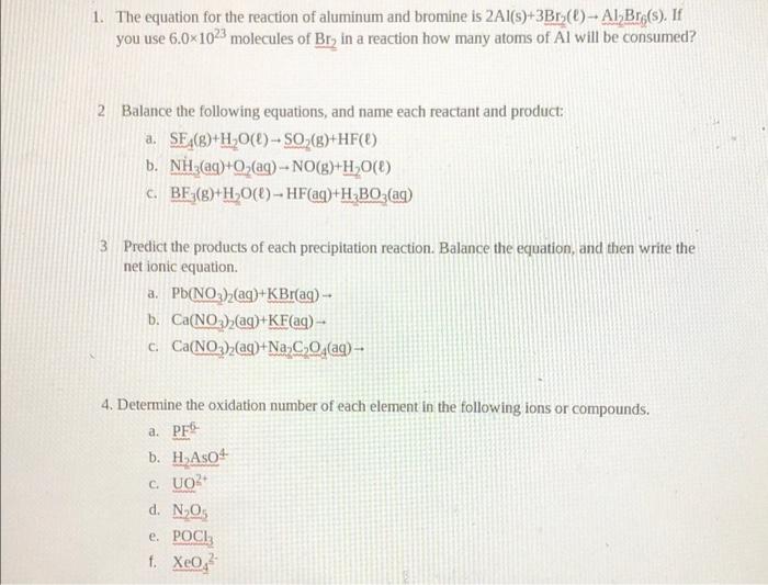 Solved 1. The equation for the reaction of aluminum and | Chegg.com