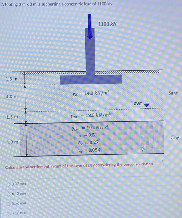 Solved A footing 3 mx 3 m is supporting a concentric load of | Chegg.com Solved A footing 3 mx 3 m is supporting a concentric load of | Chegg.com