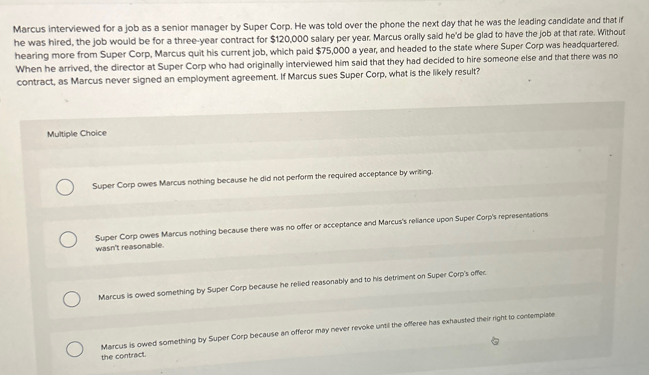 Solved Marcus interviewed for a job as a senior manager by | Chegg.com