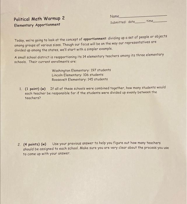 Solved Political Math Warmup 2 Elementary Apportionment Name | Chegg.com