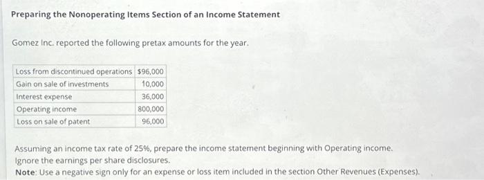 Solved Preparing the Nonoperating Items Section of an Income | Chegg.com