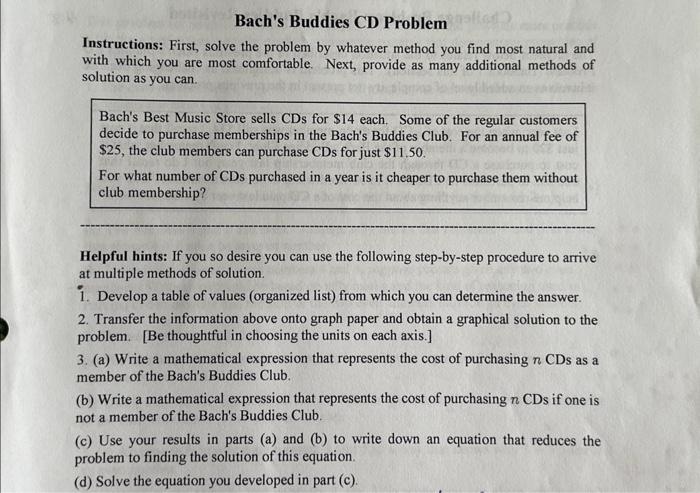Solved Bach's Buddies CD Problem Instructions: First, solve | Chegg.com