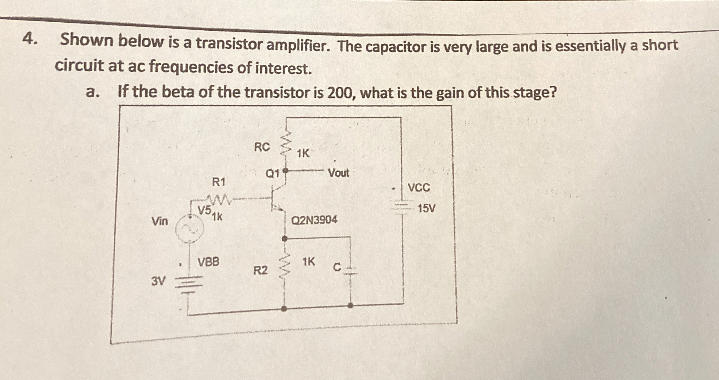 Solved Shown below is a transistor amplifier. The capacitor | Chegg.com