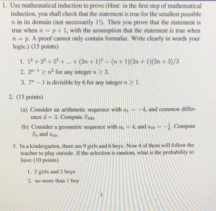 Solved 1. Use mathematical induction to prove (Hint: in the | Chegg.com