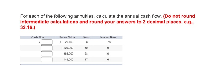 Solved For each of the following annuities, calculate the | Chegg.com