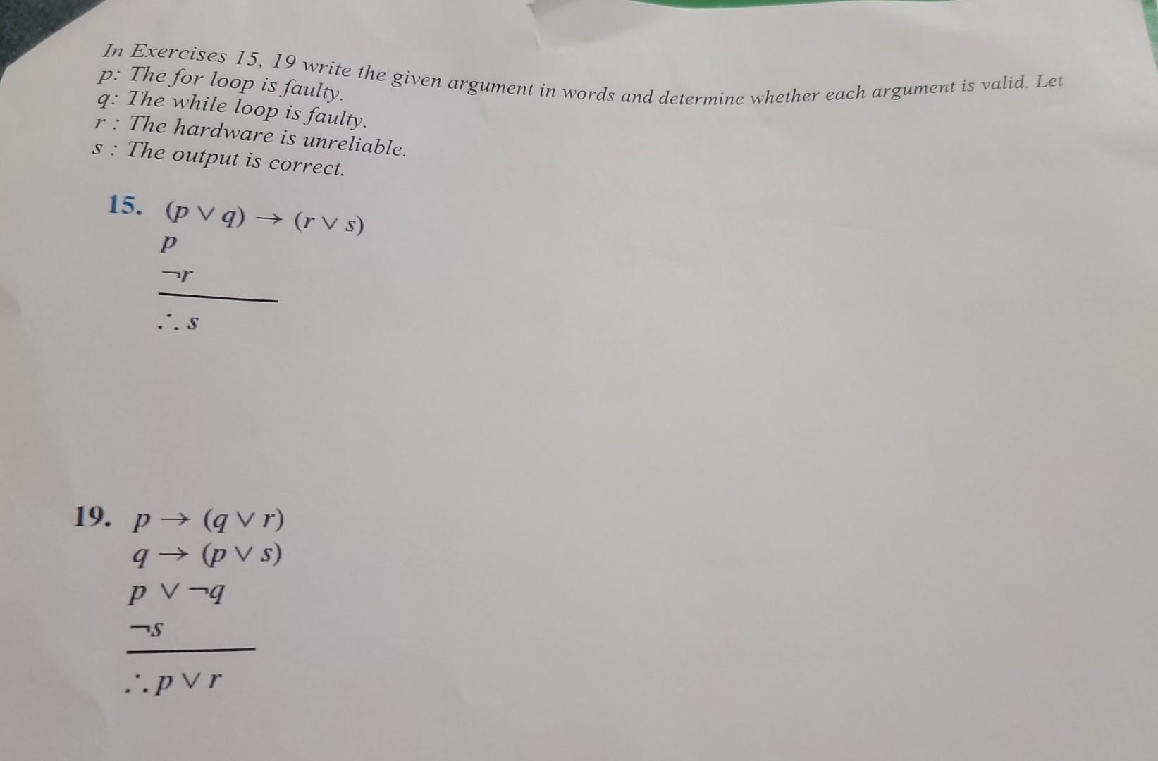 Solved In Exercises 15, 19 write the given argument in words | Chegg.com