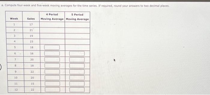 Solved a, Compute four-week and five-week moving averages | Chegg.com