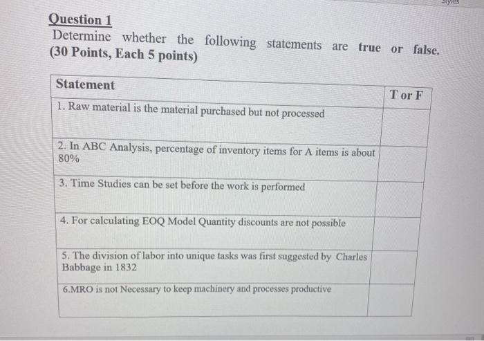 Solved Question 1 Determine whether the following statements | Chegg.com