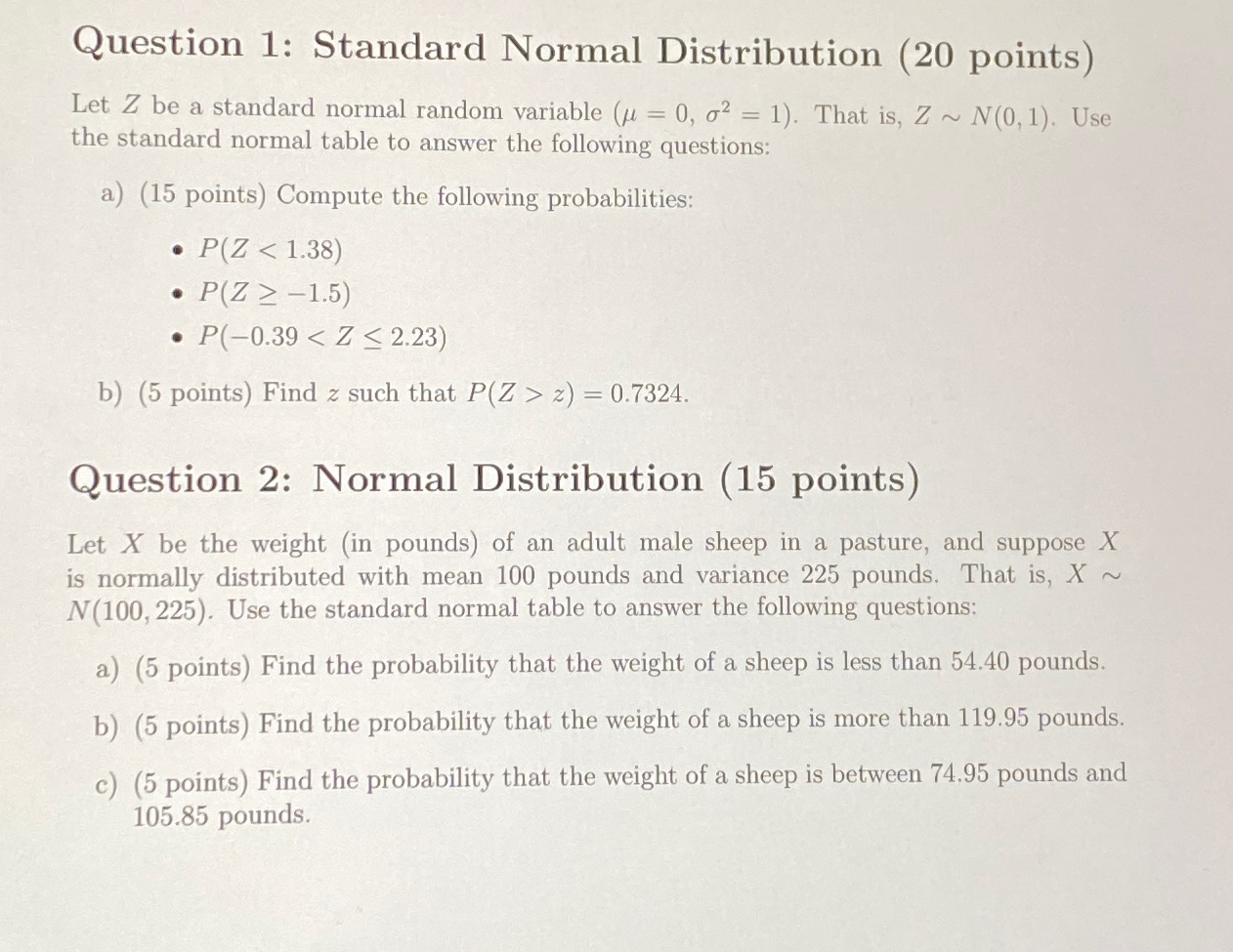 Solved Question 1 Standard Normal Distribution 20