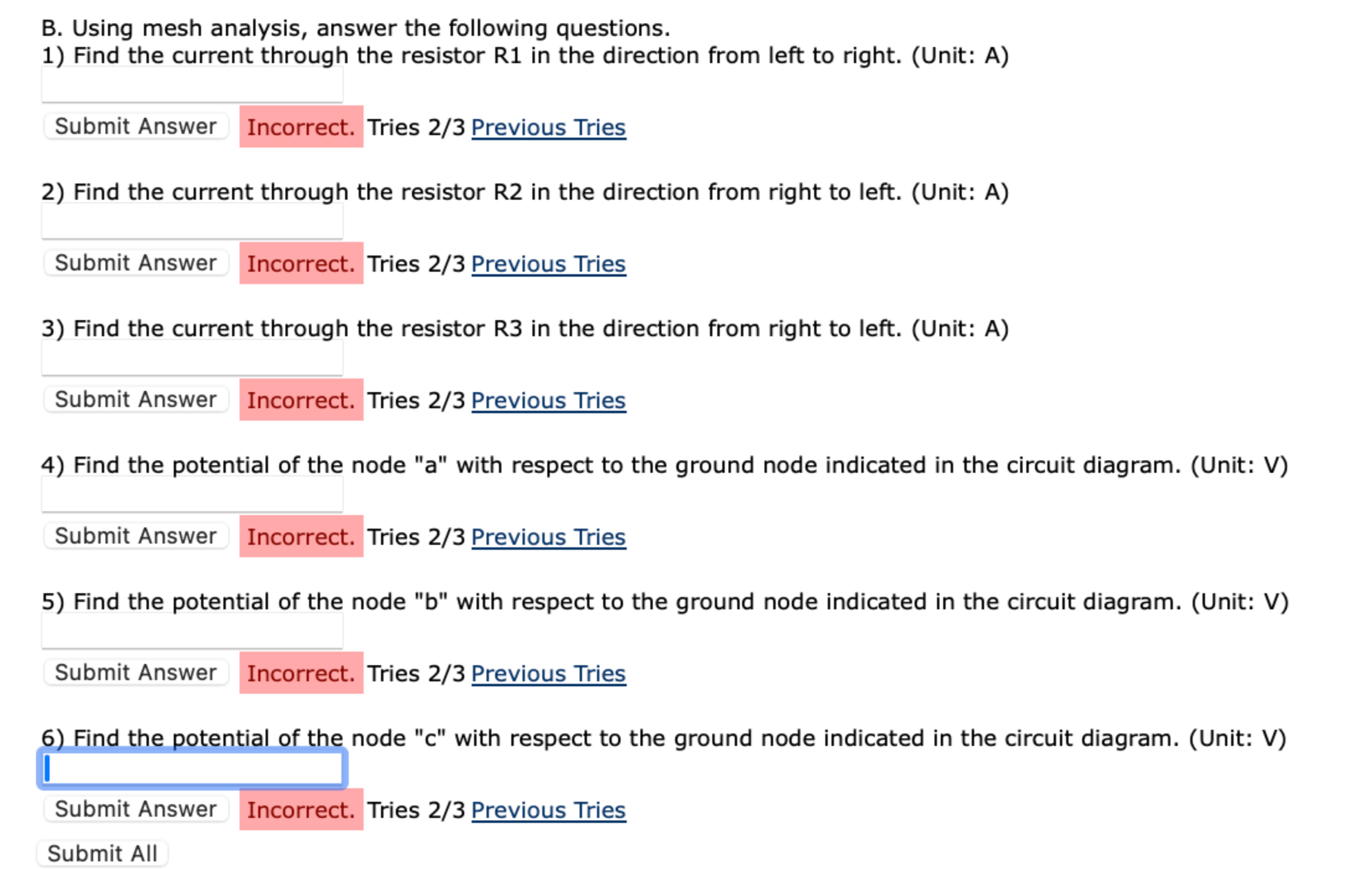 Solved B. ﻿Using mesh analysis, answer the following | Chegg.com