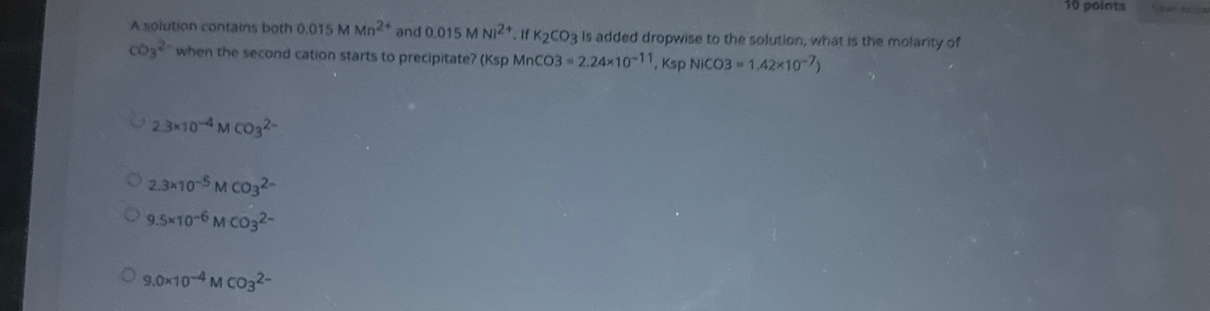 Solved 10 ﻿pointsA solution contains both 0.015MMn2+ ﻿and | Chegg.com
