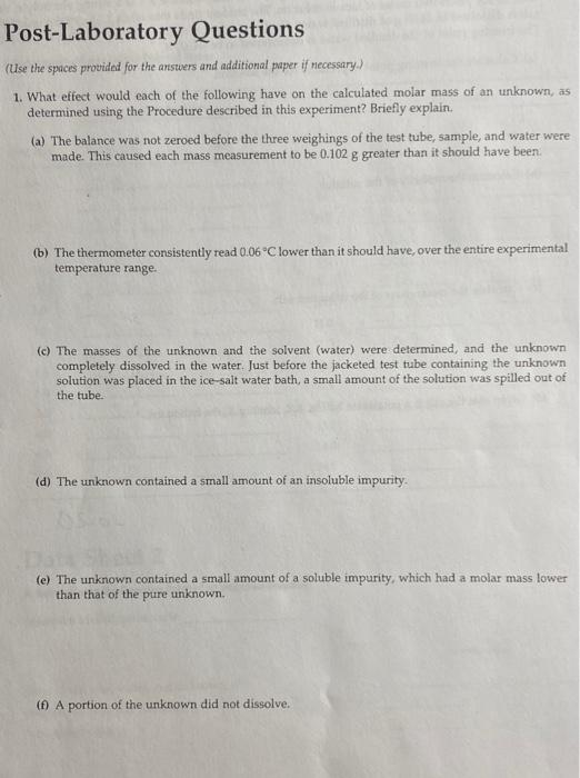 Solved Post-Laboratory Questions (use the spaces provided | Chegg.com