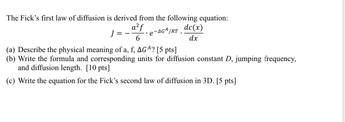 Solved The Fick's first law of diffusion is derived from the | Chegg.com
