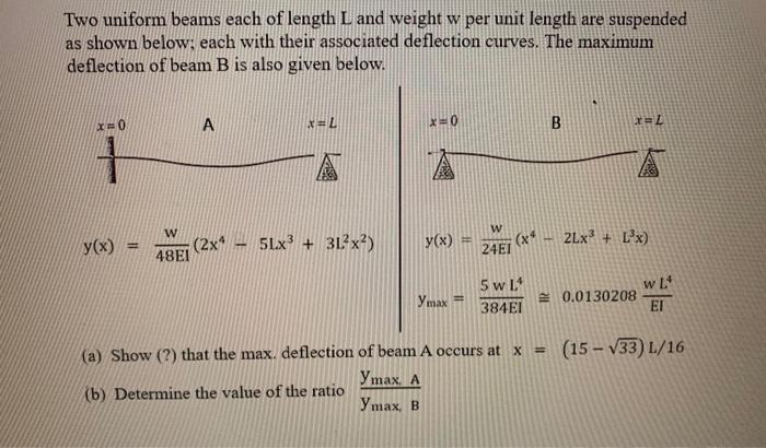 Solved Two uniform beams each of length L and weight w per | Chegg.com