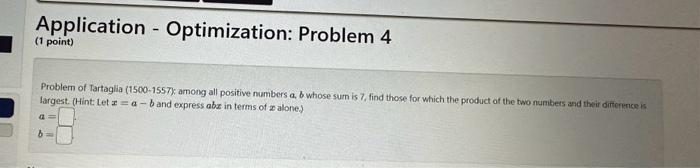 Solved Application - Optimization: Problem 1 (1 point) If | Chegg.com