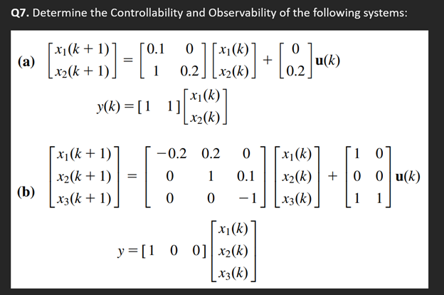 Solved Q7. ﻿Determine the Controllability and Observability | Chegg.com