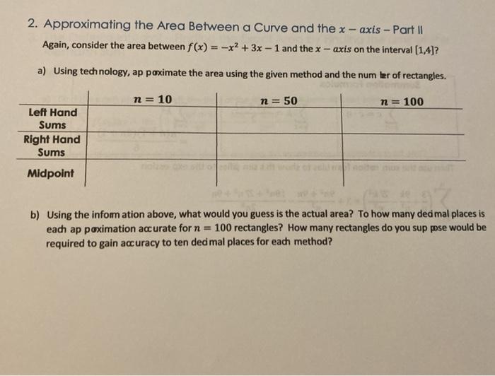 Solved 2. Approximating the Area Between a Curve and the | Chegg.com