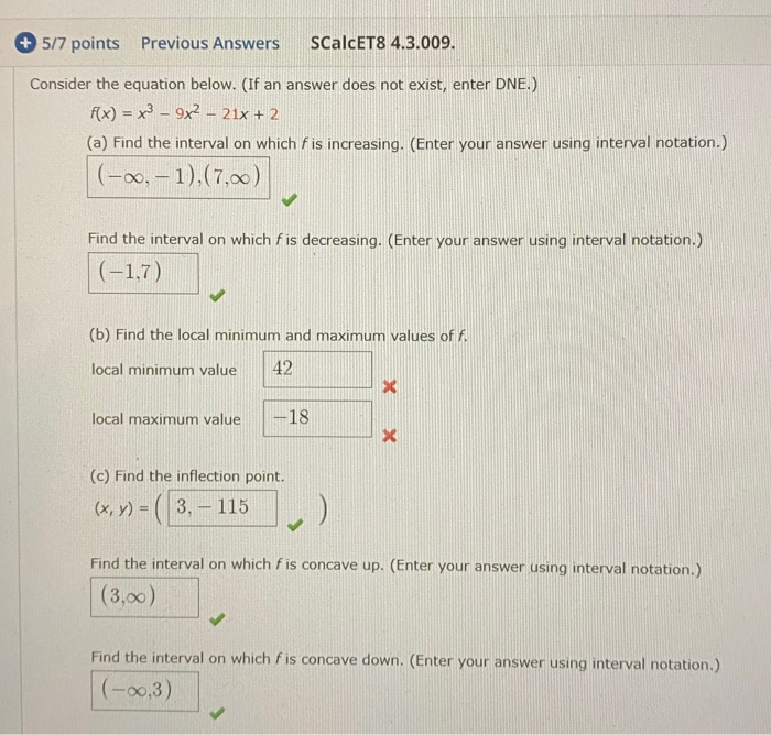 Solved # 5/7 points Previous Answers SCalcET8 4.3.009. | Chegg.com