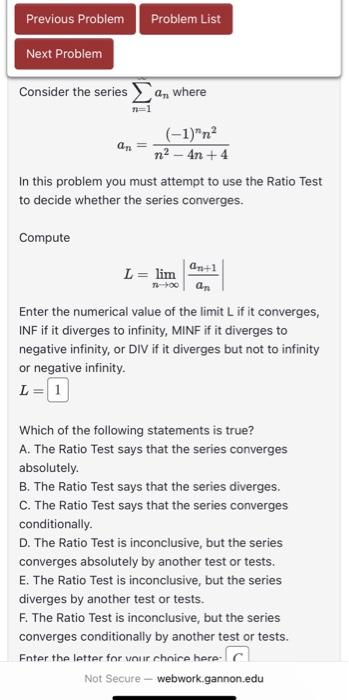 Solved Consider the series ∑n=1an where an=n2−4n+4(−1)nn2 In | Chegg.com