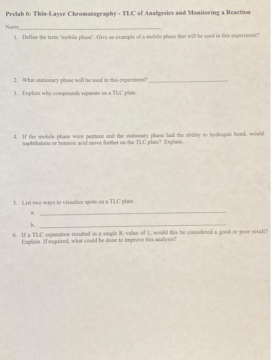 Solved Prelab 6: Thin-Layer Chromatography - TLC of | Chegg.com