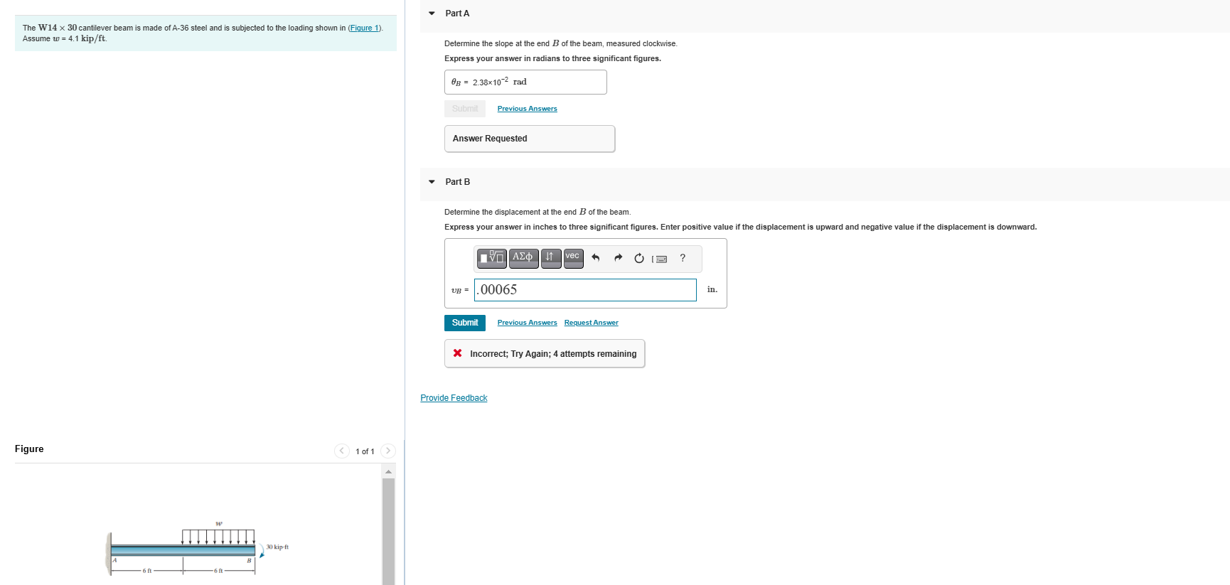 Solved The W14×30W14×30 ﻿cantilever beam is made of A-36 | Chegg.com