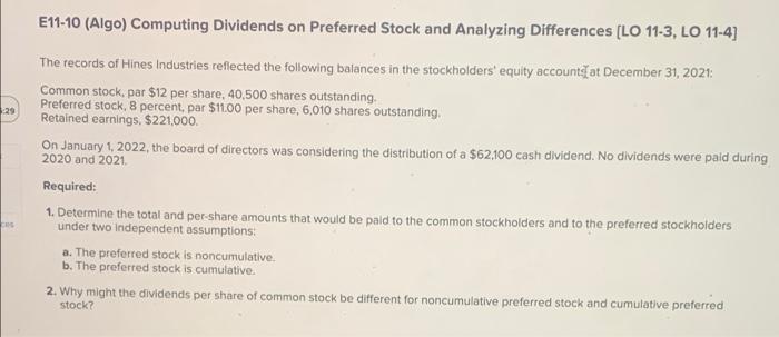 Solved 29 E11-10 (Algo) Computing Dividends on Preferred | Chegg.com
